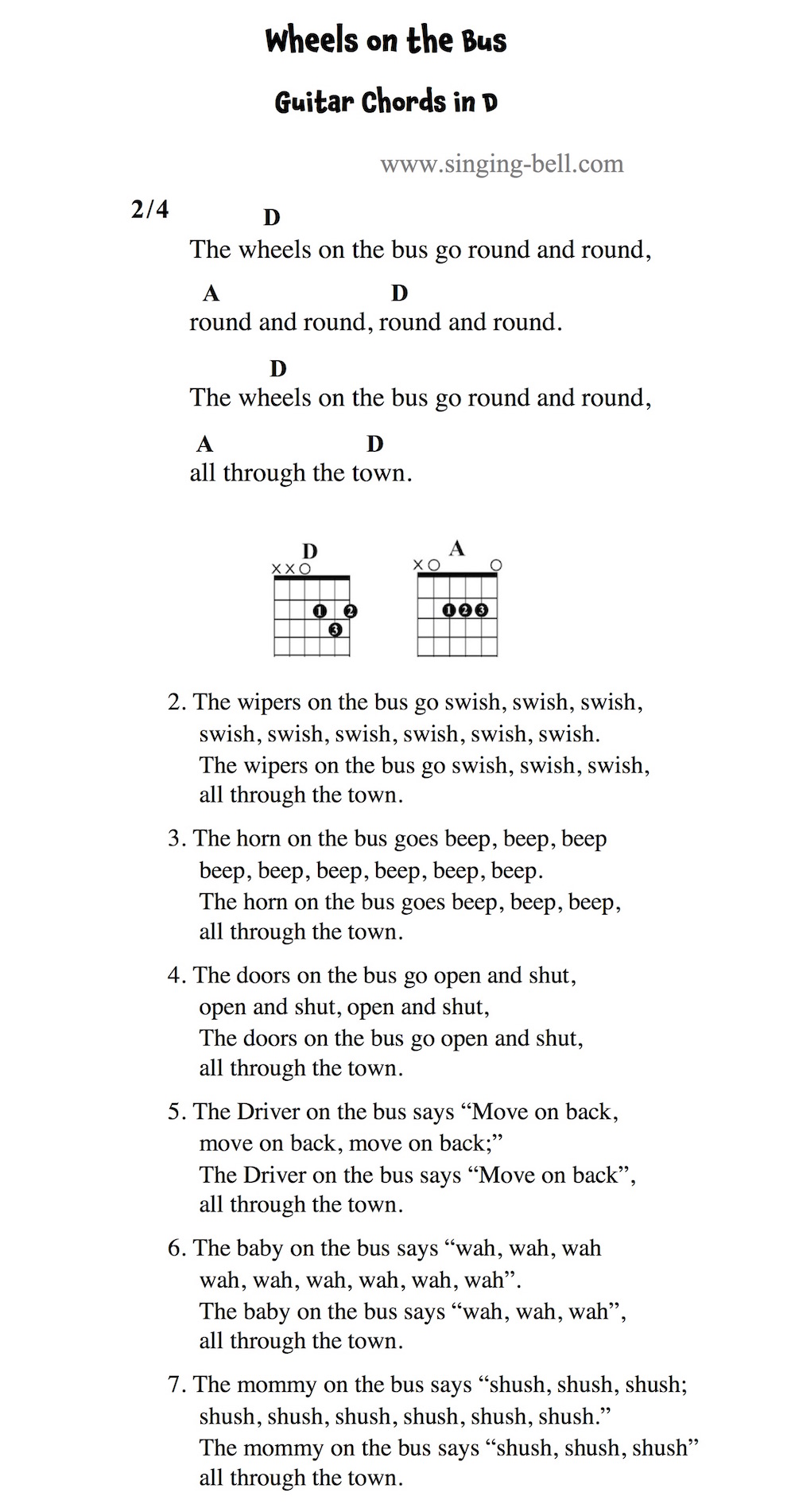 Wheels On The Bus Guitar Chords Tabs Sheet Music PDF