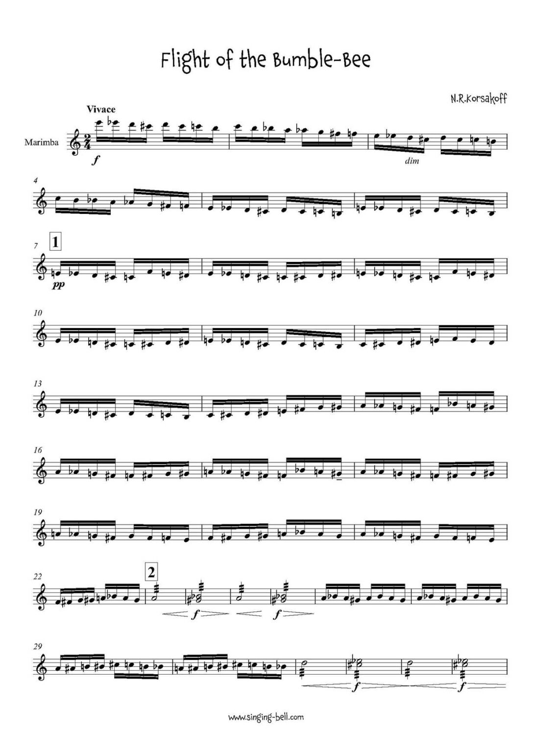 Flight of the Bumblebee – Solo Marimba Sheet Music : Singing Bell