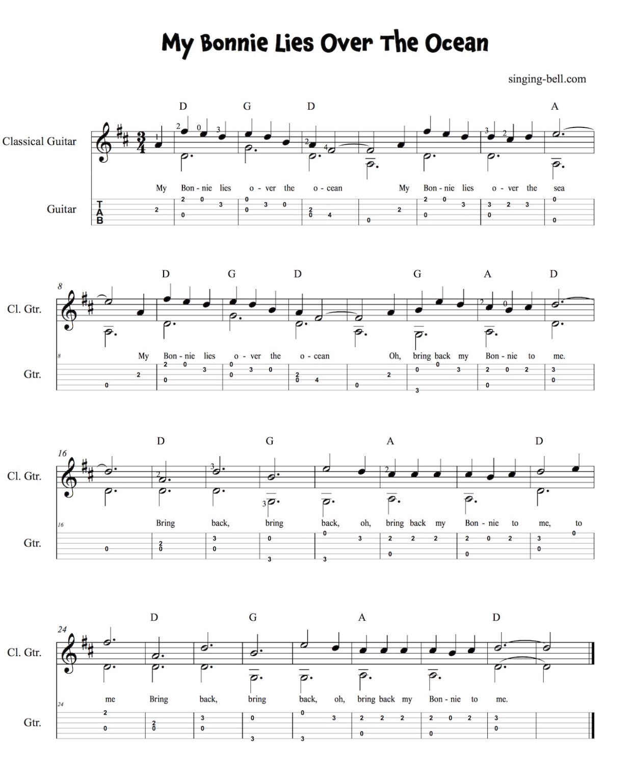 My Bonnie Lies Over The Ocean Guitar Chords Sheet Music PDF