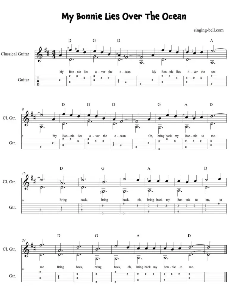 My Bonnie Lies Over The Ocean Guitar Chords Sheet Music PDF