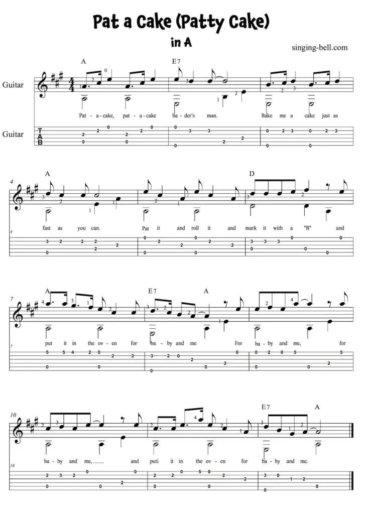 Pat-a-Cake (Patty Cake) Guitar Chords Tabs Sheet Music PDF