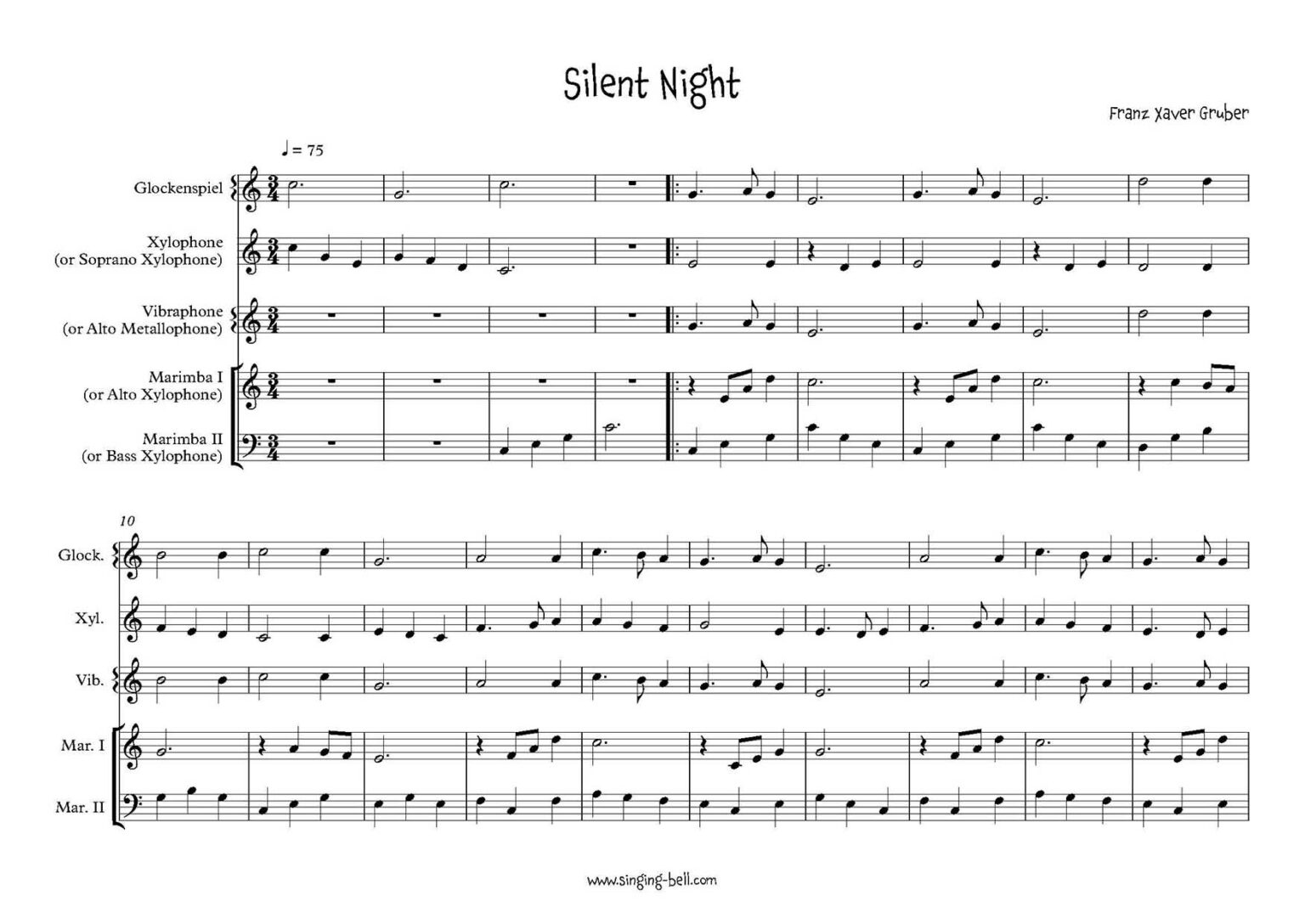 Silent Night – Percussion (Orff) Ensemble Sheet Music : Singing Bell