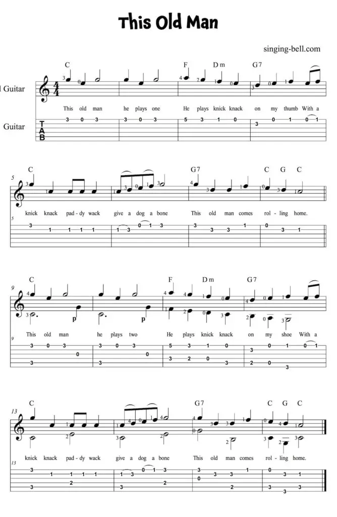 This Old Man Guitar Chords, Tabs, Sheet Music Printable PDF
