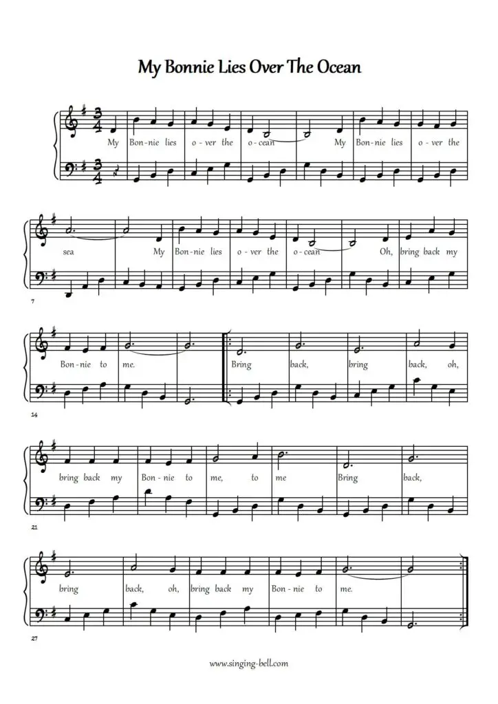 My Bonnie Lies Over The Ocean - Piano Tutorial, Sheet Music
