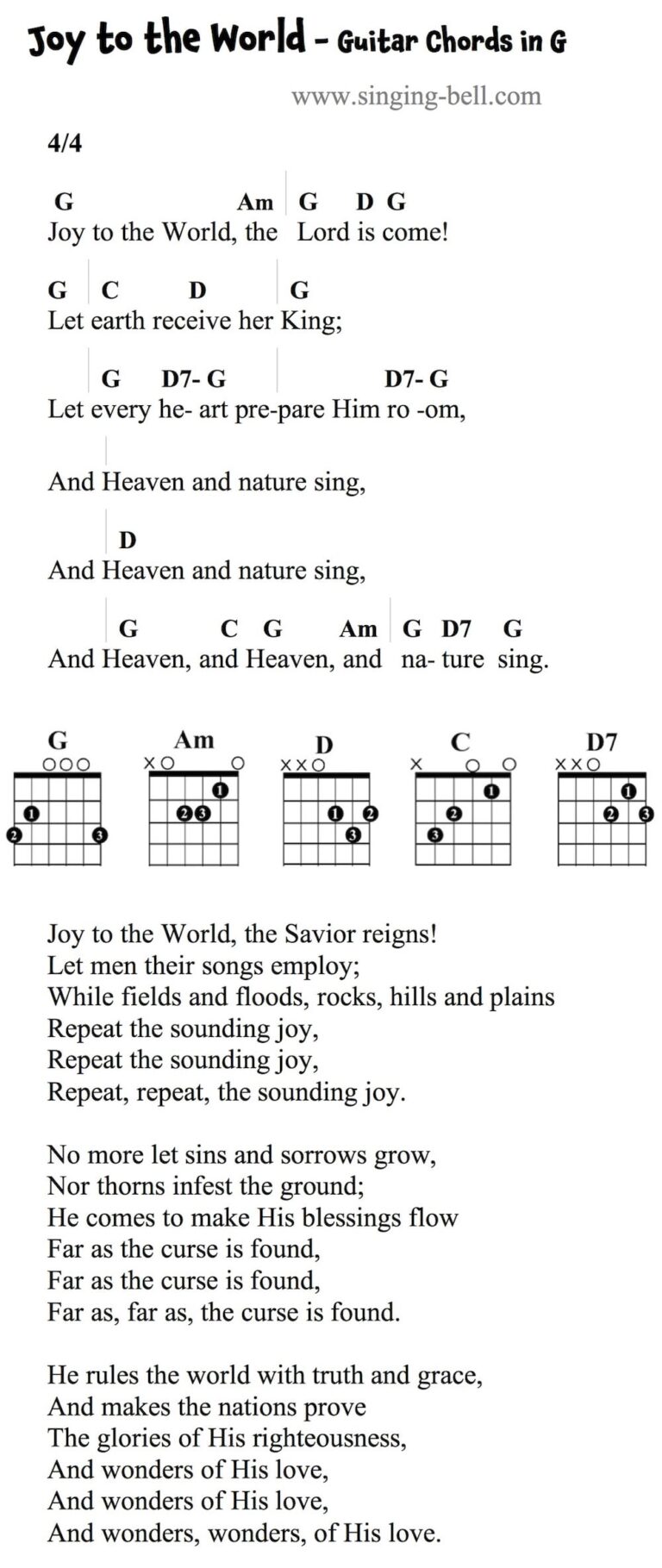Joy to the World Guitar Chords Tabs - Printable PDF