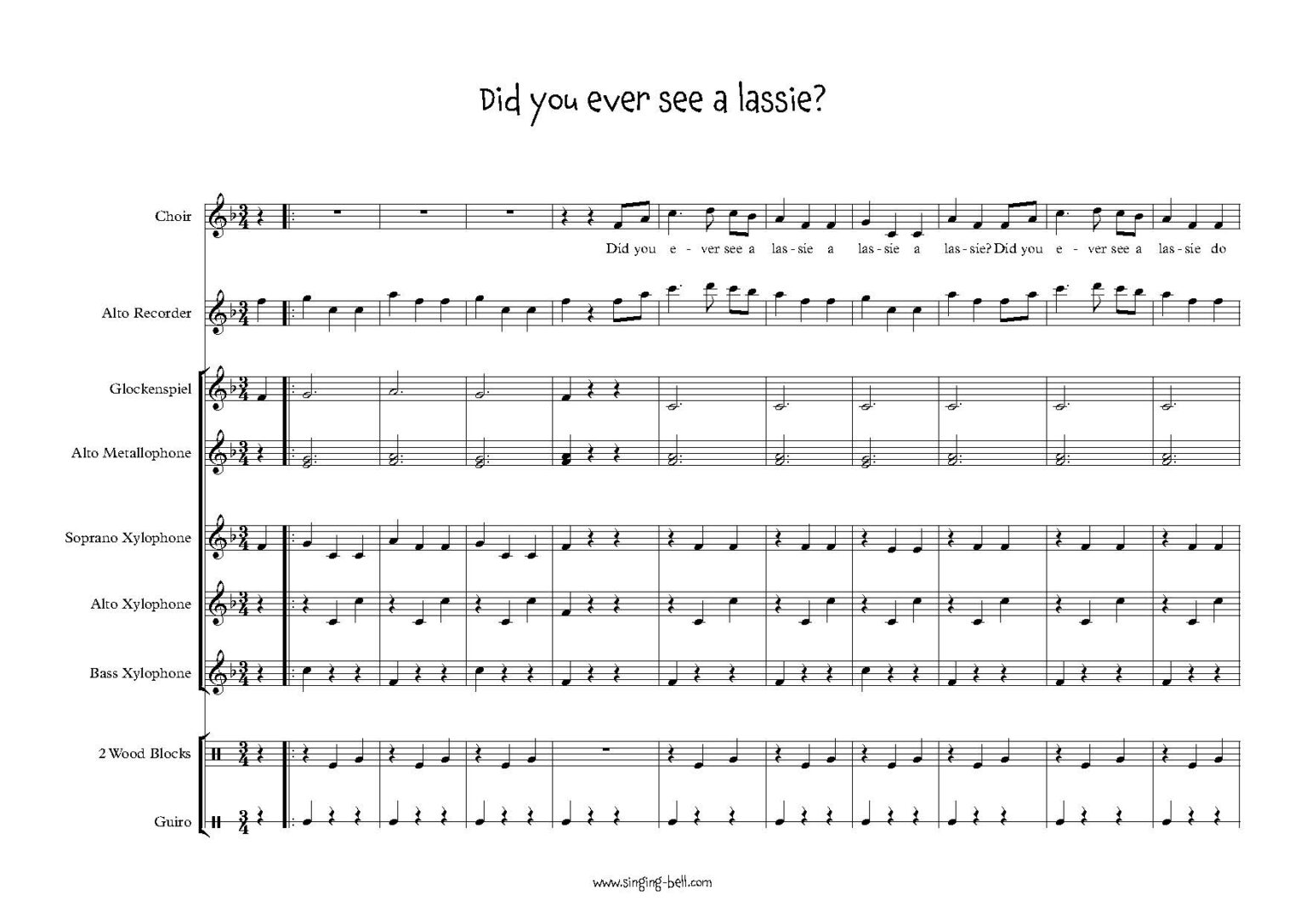 Did You Ever See A Lassie - Orff Arrangement and Sheet Music