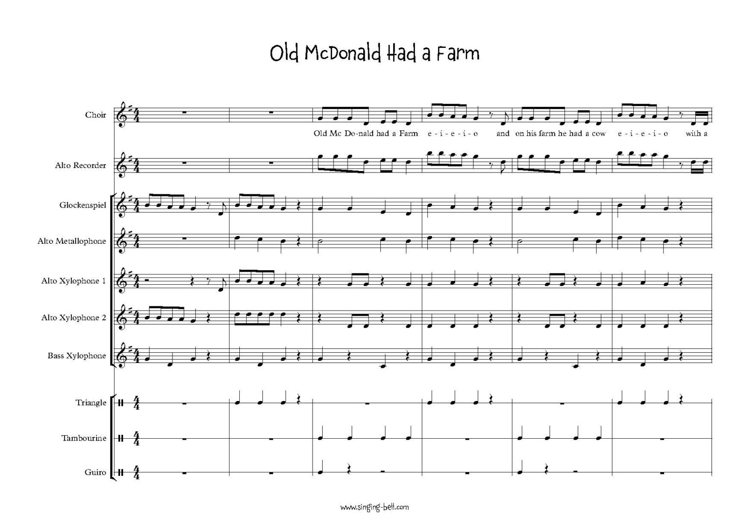 Old McDonald Had A Farm Orff Arrangement, Sheet Music & PDF