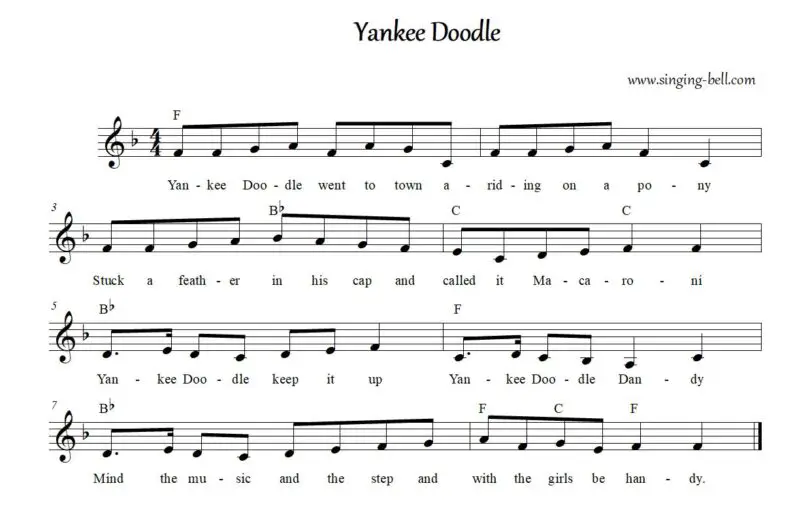 Yankee Doodle Sheet Music PDF and free karaoke audio mp3