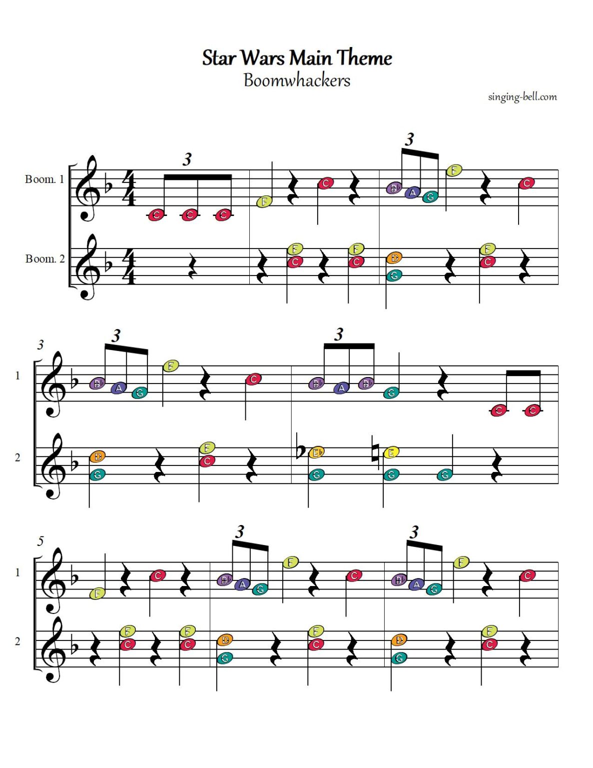 Star Wars Boomwhackers or Handbells Color Notes /Sheet Music